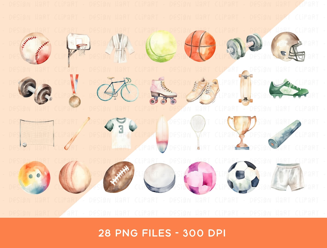 Sports Clipart Bundle Watercolor Balls Soccer Football Cricket ...