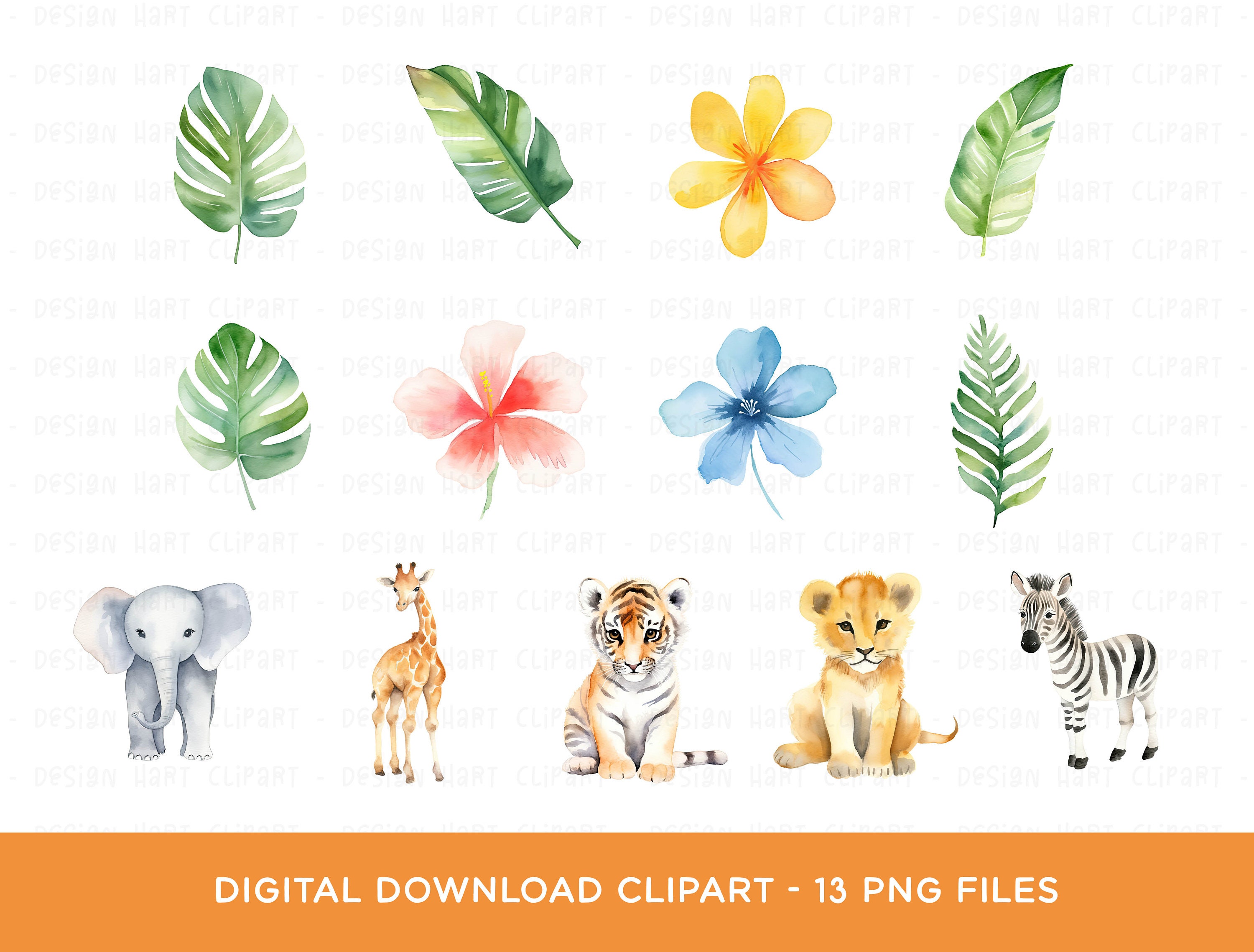 Safari Clipart Bundle, Watercolor Baby Jungle Zoo Animals Tropical ...