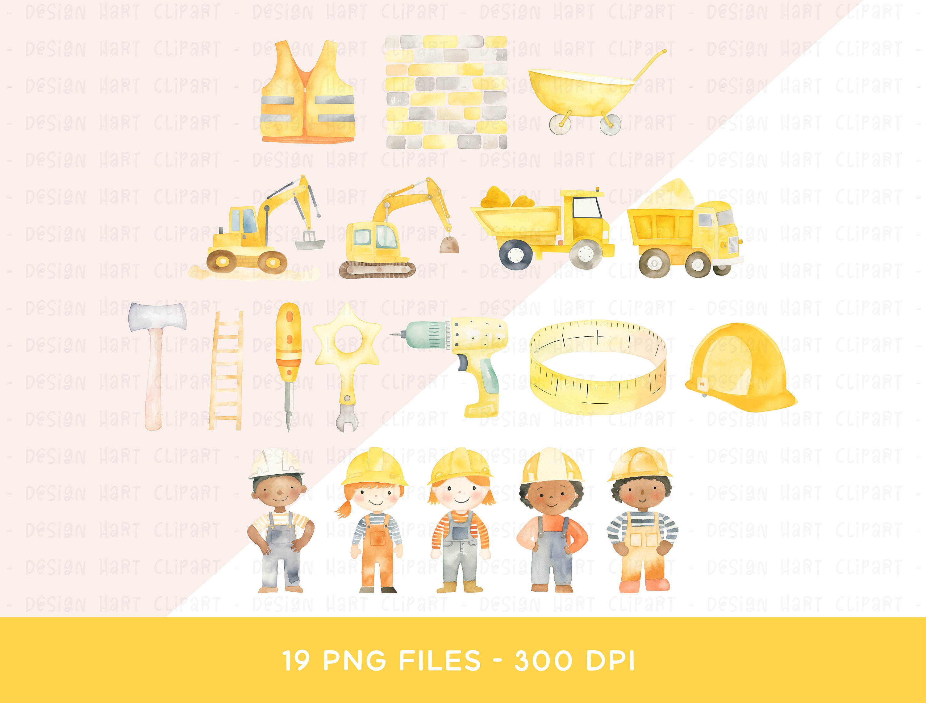 Builder Clipart Bundle, Construction Vehicles PNG Watercolor Digger ...