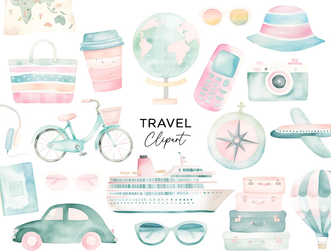Travel Clipart Bundle, PNG Watercolor Holiday Vacation Adventure ...
