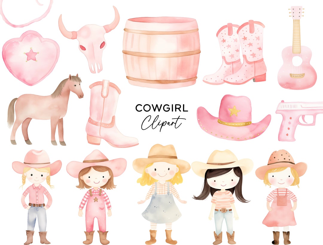 Cowgirl Clipart Bundle, Kids Pink Cowboy Boots Hat Whip Guitar for ...