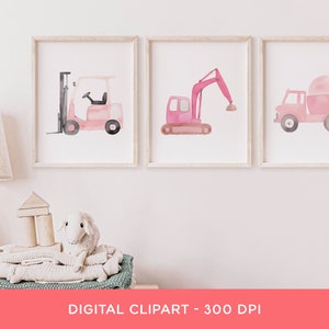 Construction Vehicle Clipart Bundle, Pink PNG Digital Download Builder ...