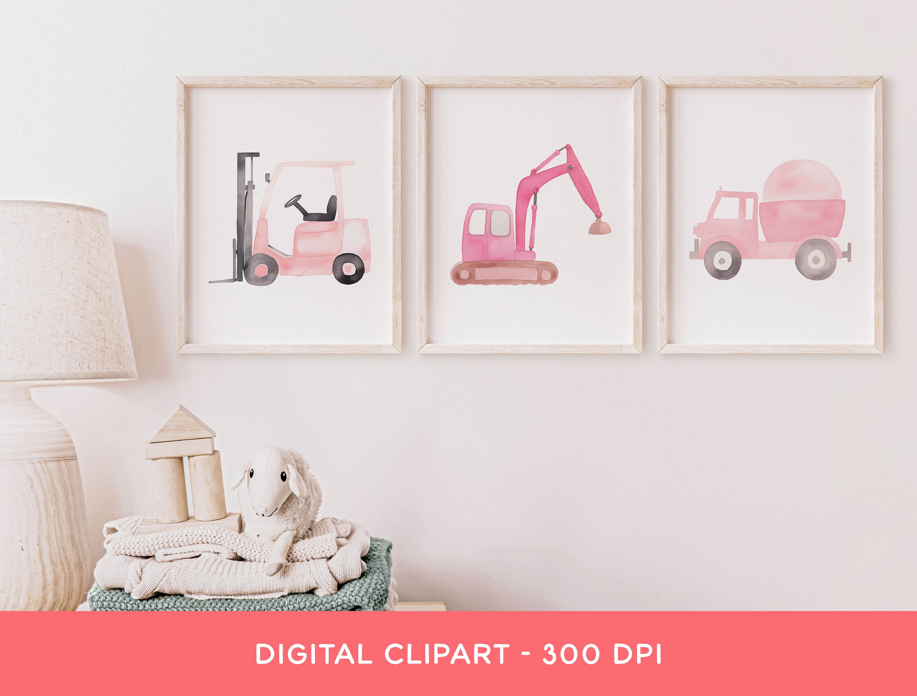 Construction Vehicle Clipart Bundle, Pink PNG Digital Download Builder ...