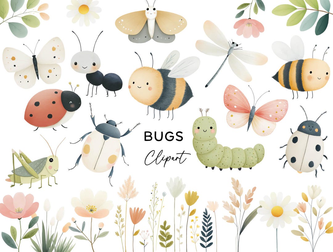 Bugs Clipart Bundle, Cute Ladybug Bee Grasshopper Moth Butterfly ...