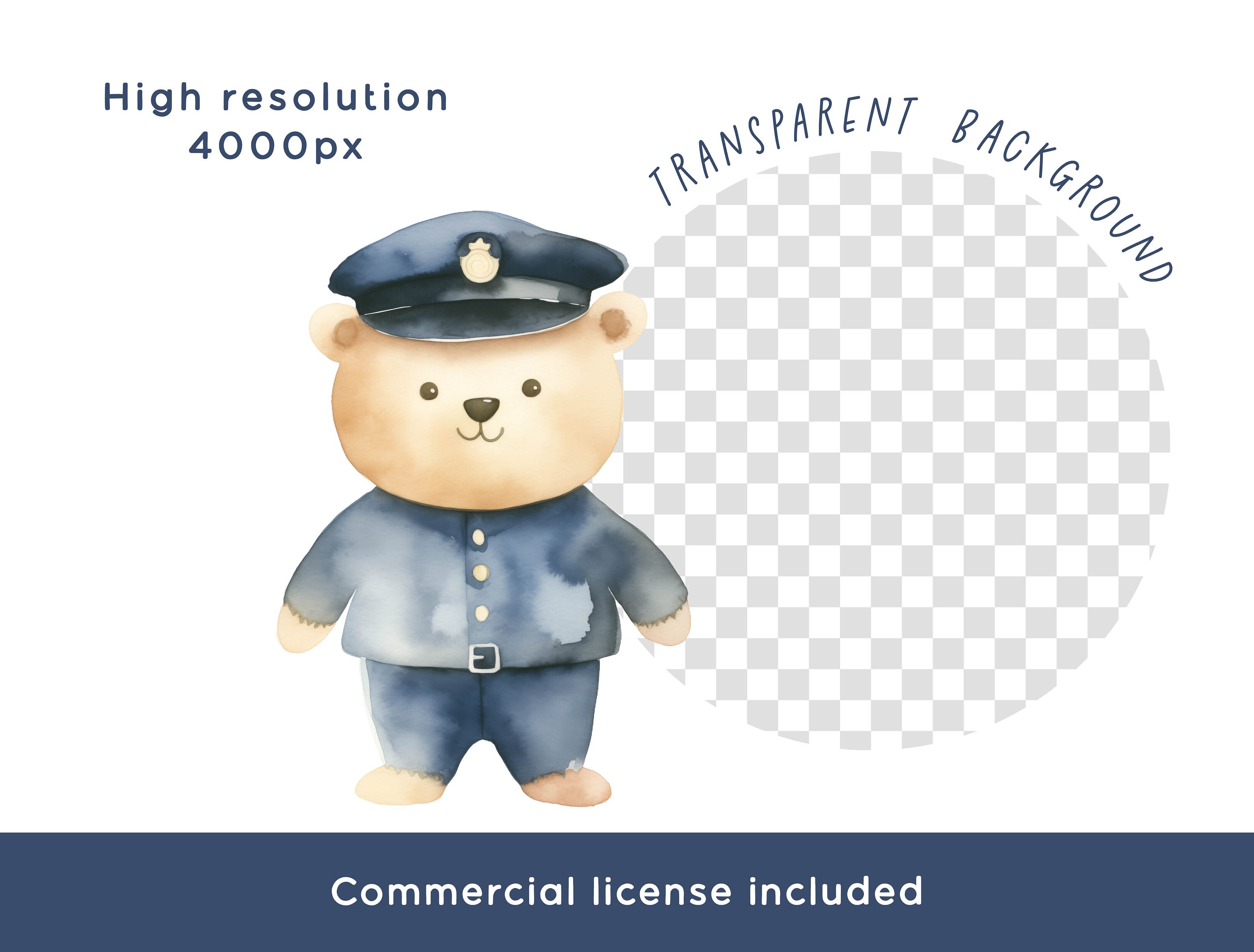Police Bear Clipart Bundle, Watercolor Teddy Bear Policeman Car Gun ...