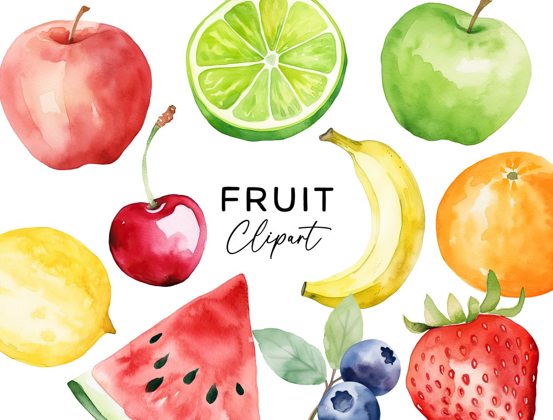Fruit Clipart Bundle: Watercolor Watermelon Apple Banana Strawberry ...