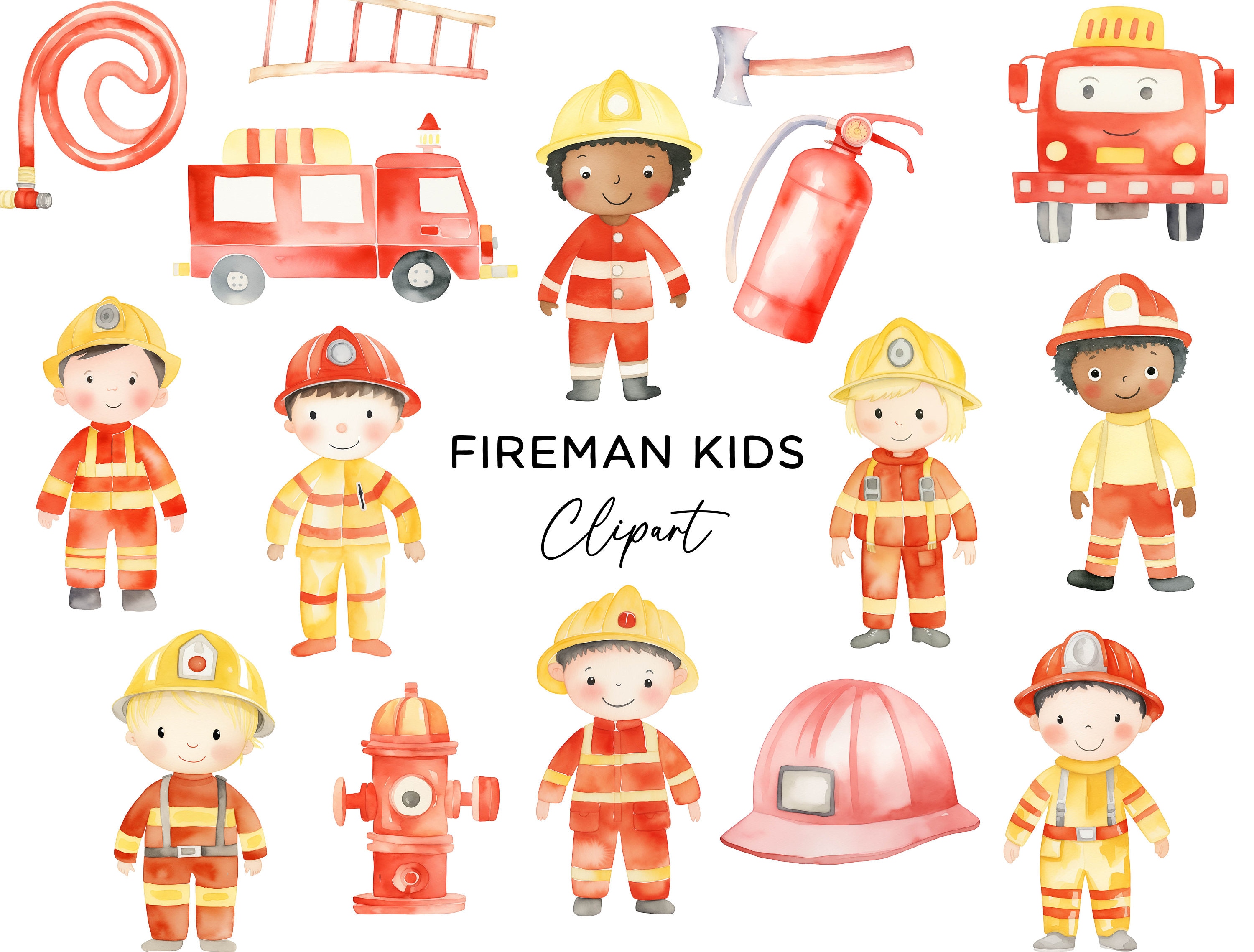 Fireman Clipart Bundle, Kids Firefighters Fire Truck Firemen ...