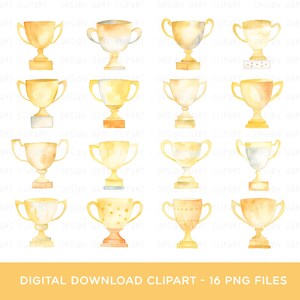 Trophy Clipart Bundle, PNG Graphics Digital Download Watercolor Golden ...