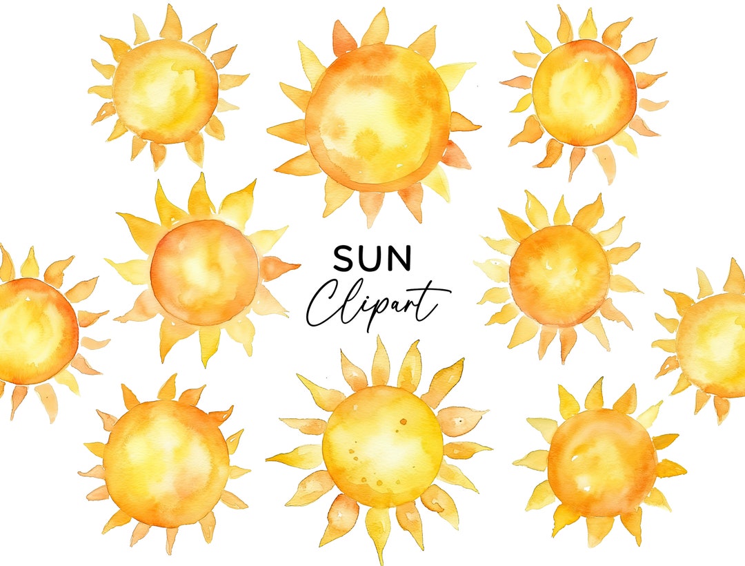 Watercolor Sun Clipart Bundle, Smiling Happy Sun, PNG Sublimation ...
