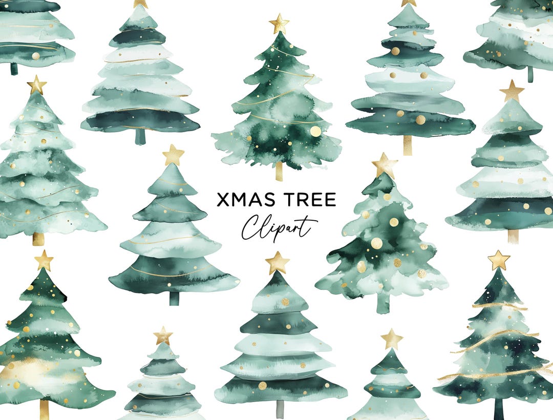 Green Christmas Tree Clipart Bundle, Pastel Watercolor Xmas Trees PNG ...