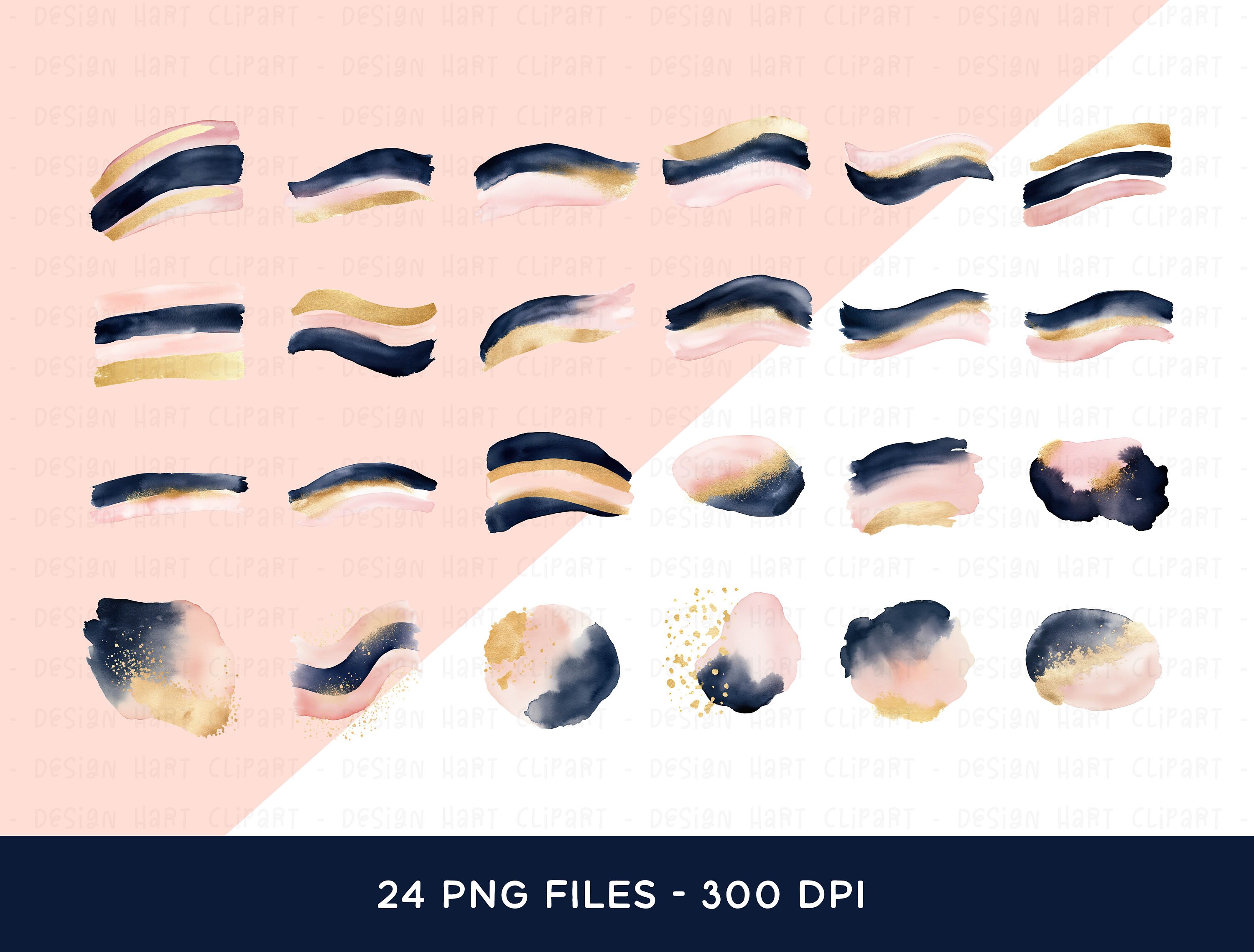 Brush Stroke Clipart Bundle - Navy Blue Pink Gold Watercolor Smudge ...