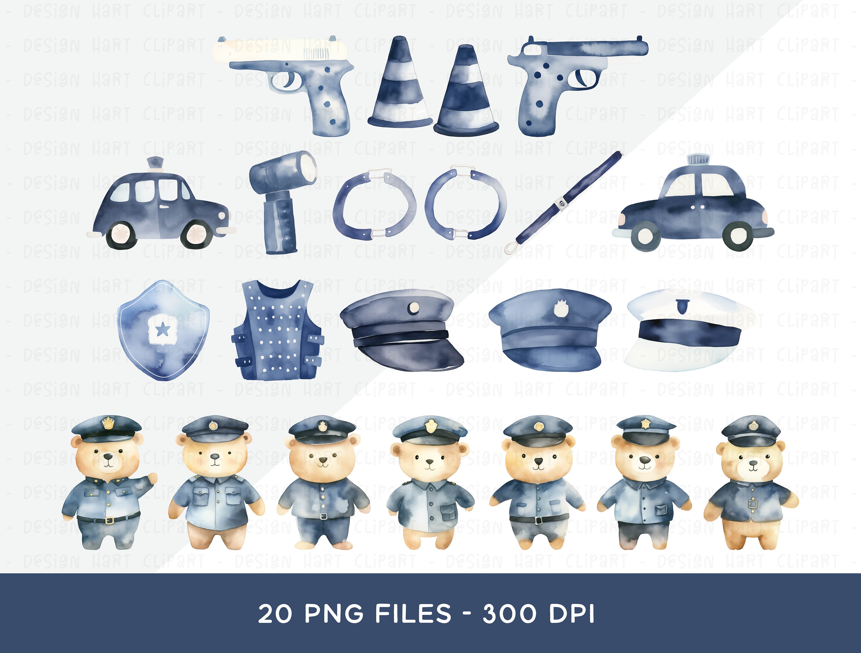 Police Bear Clipart Bundle, Watercolor Teddy Bear Policeman Car Gun ...