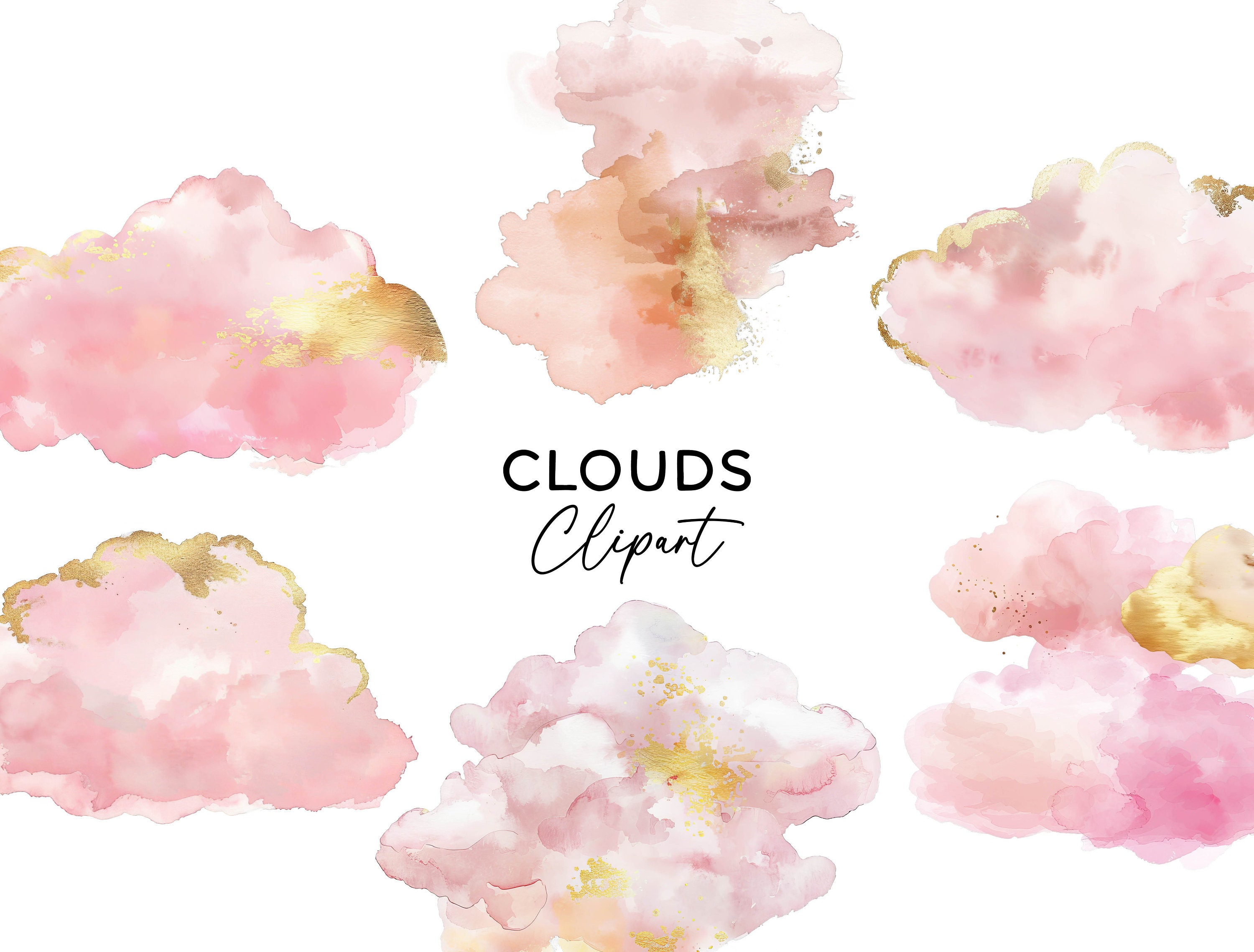 Cloud Clipart Bundle Set - Watercolor Pink & Gold Foil Pastel Weather ...