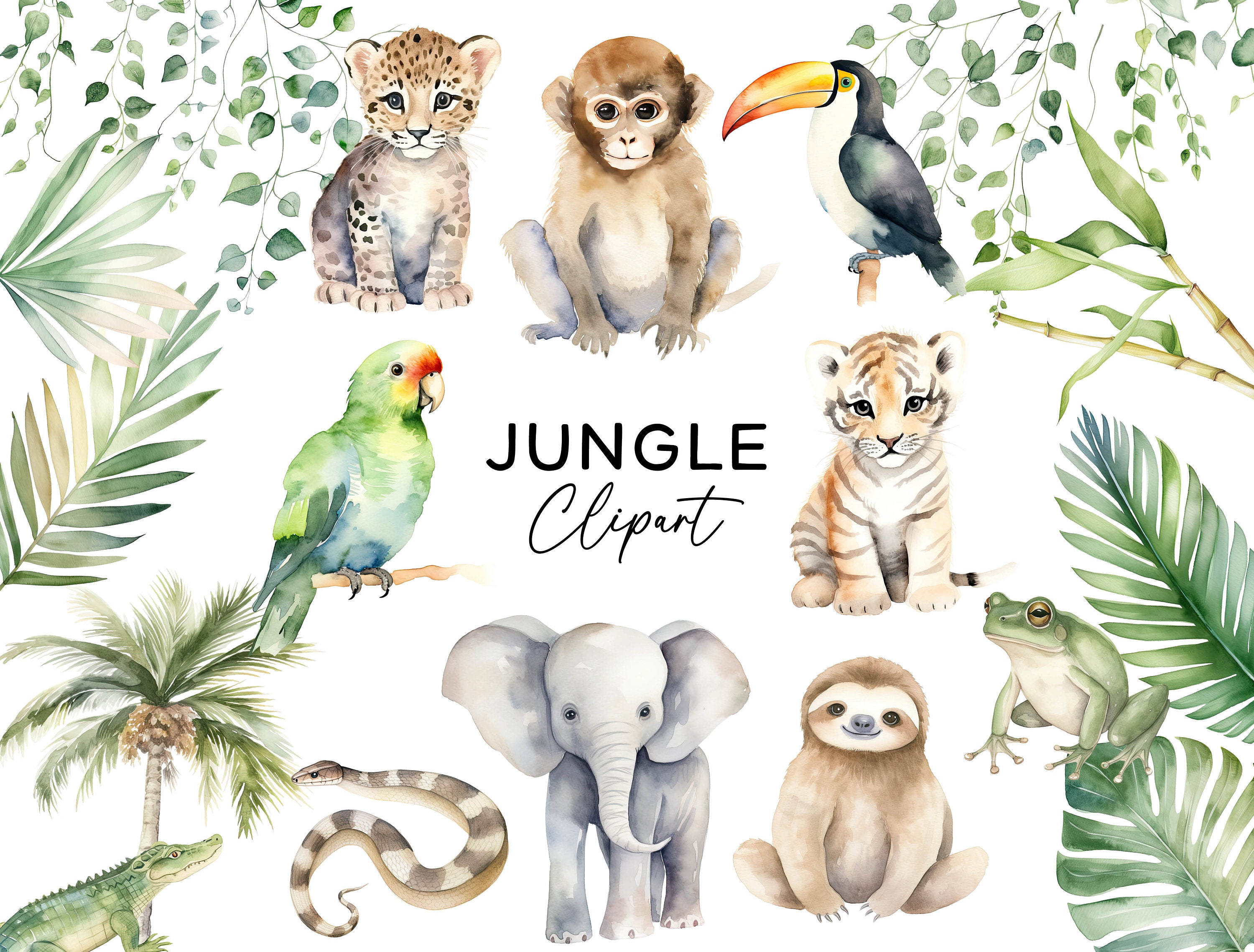 Jungle Animal Clipart Bundle, Watercolor Elephant Tiger Sloth Toucan ...
