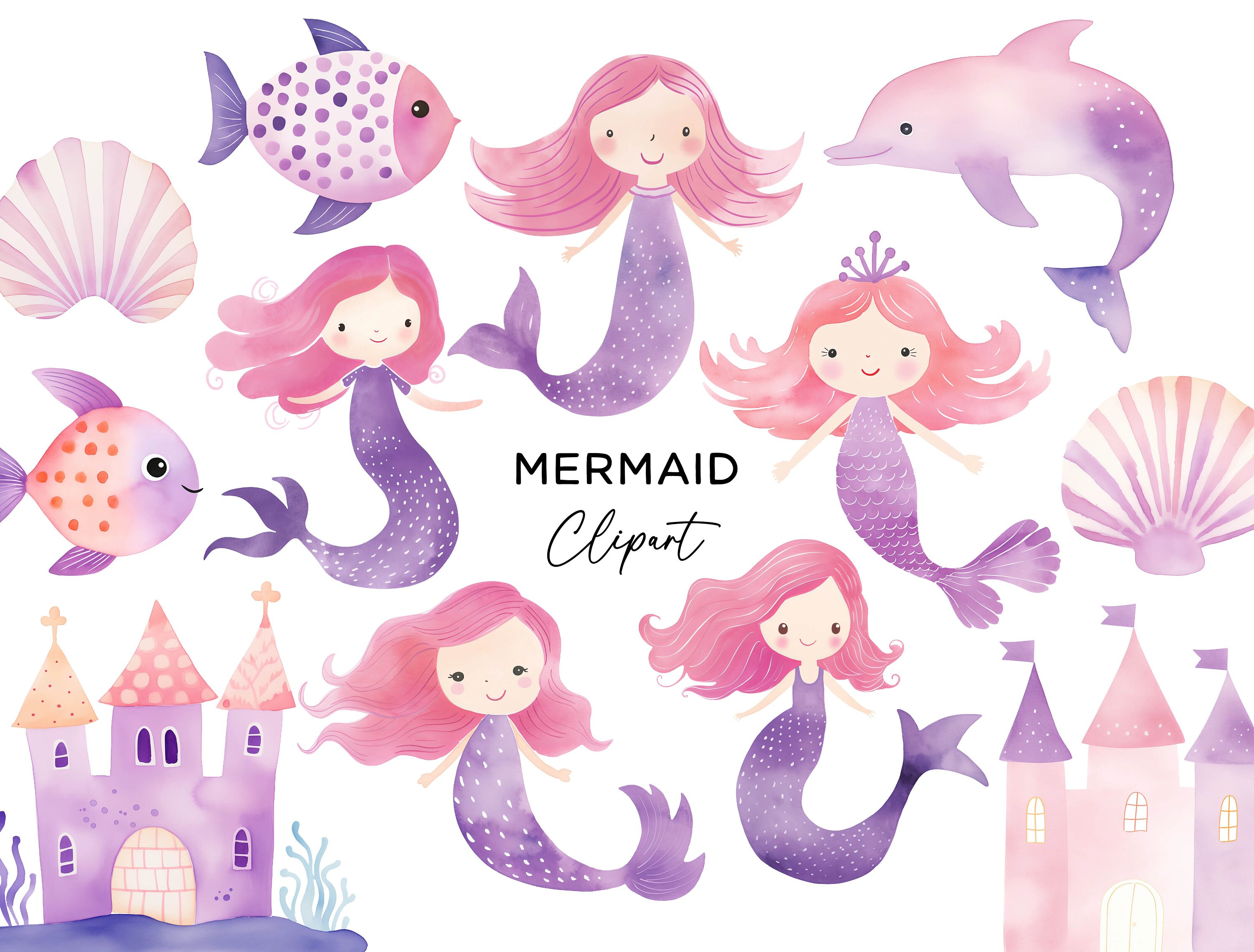 Mermaid Clipart Bundle, Purple Pink Mermaid Underwater Ocean Sea ...