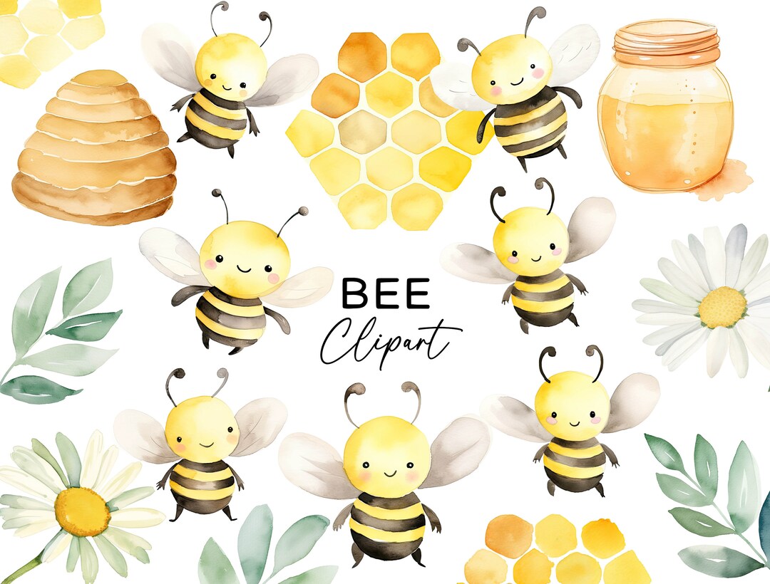 Bee Clipart Bundle, Watercolor Bumble Bee Honeycomb Clip Art PNG ...