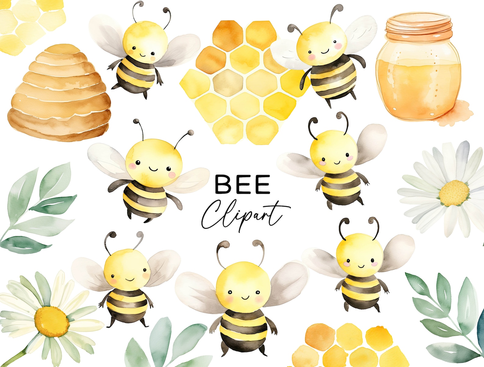 Bee Clipart Bundle, Watercolor Bumble Bee Honeycomb Clip Art PNG ...