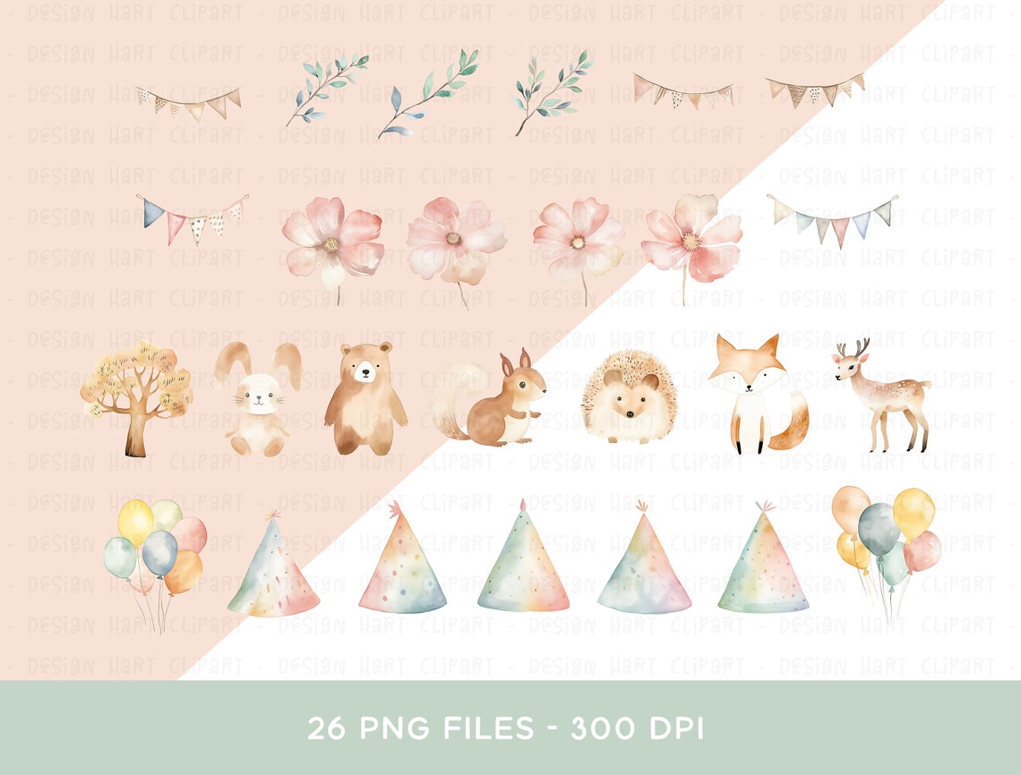 Woodland Party Animals Clipart Bundle Watercolor Forest Deer Bear ...