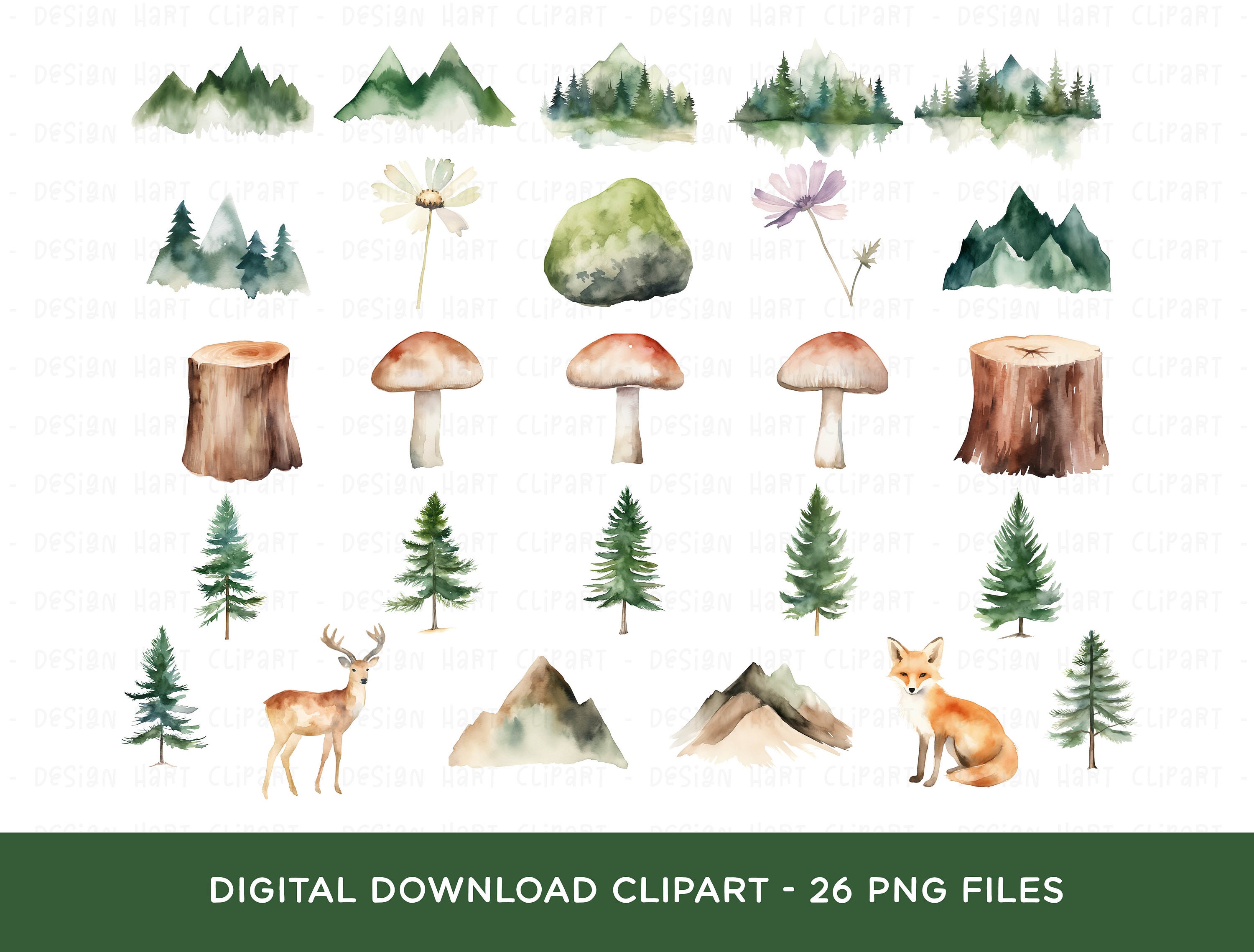 Forest Clipart Bundle - Watercolor Woodland Nature Rustic Mountains ...