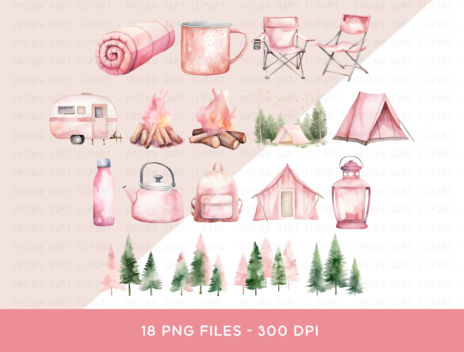 Pink Camping Clipart Bundle, Watercolor Adventure Camper Tent Campfire ...