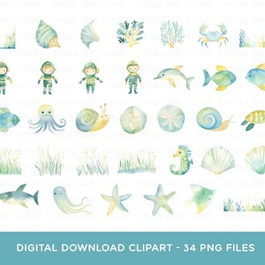 Ocean Clipart Bundle, Watercolor Under the Sea Creatures Animals Beach ...
