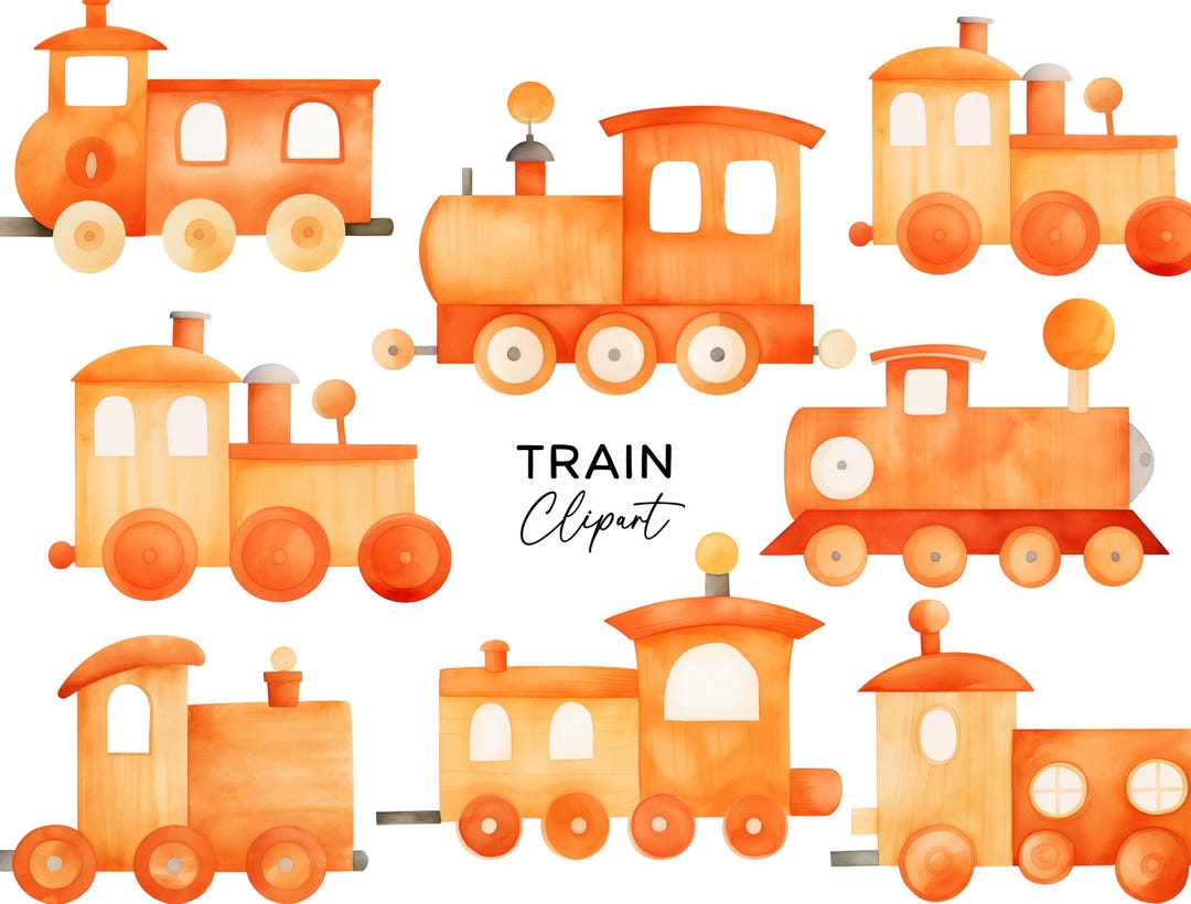 Train Clipart Bundle, PNG Graphics Download Watercolor Orange Painted ...