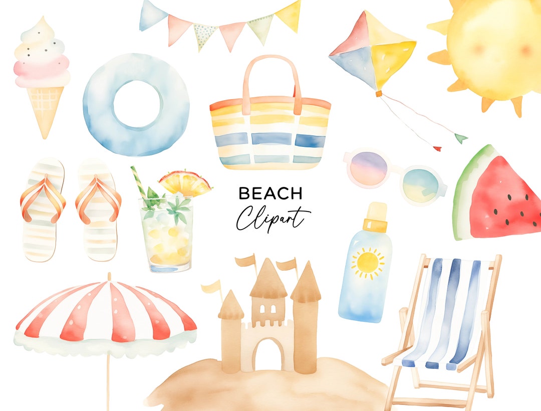 Beach Clipart Bundle, Summer Ocean Kite Sandcastle Umbrella Sun Ice ...