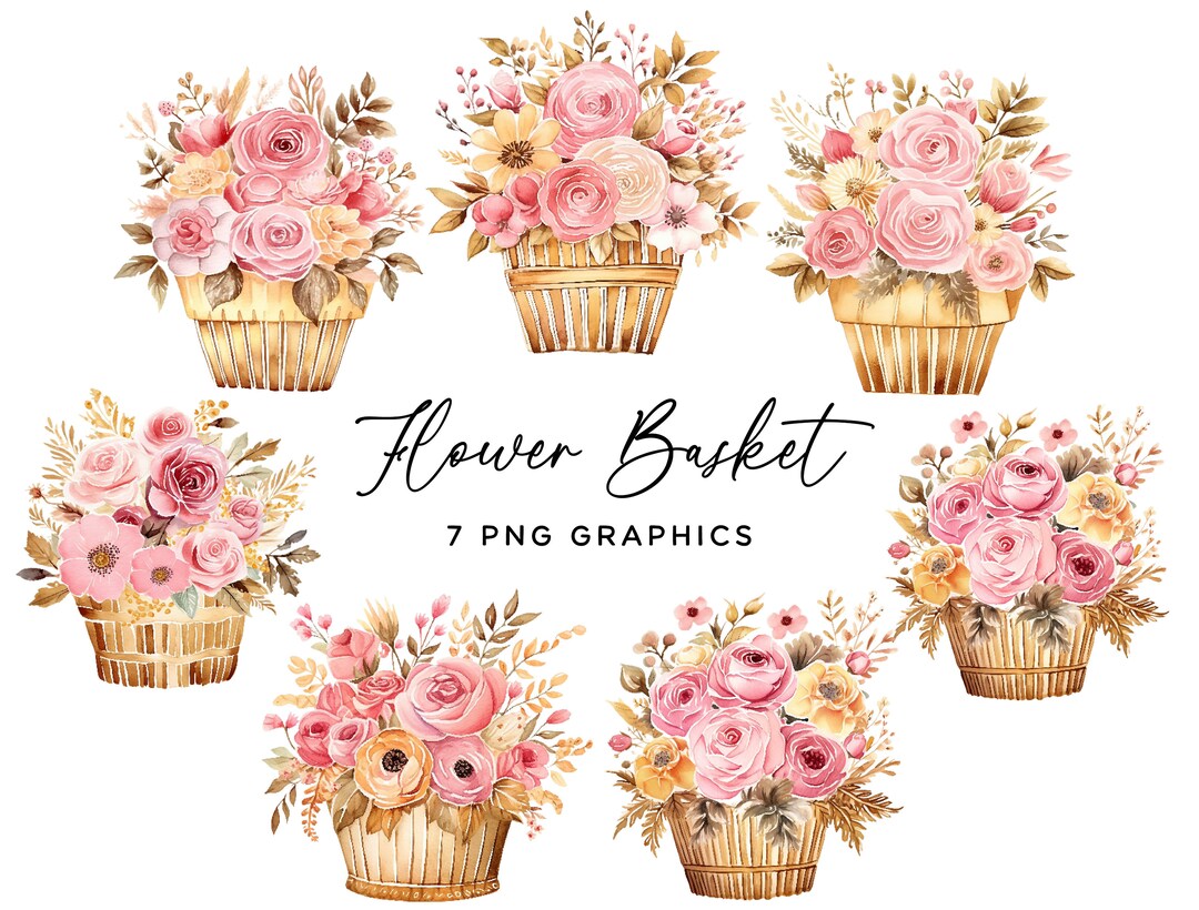 Flower Basket Clipart Bundle, Watercolor Pink Gold Floral Bunch PNG ...