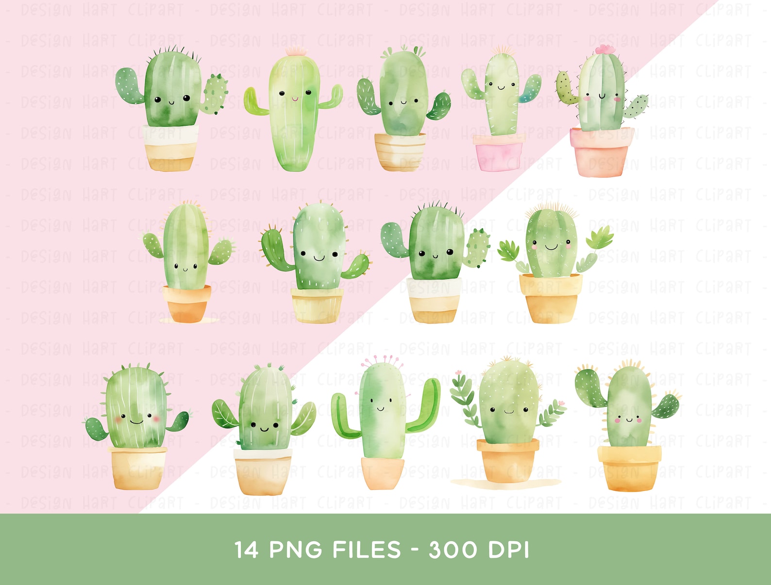 Cute Cactus Clipart Bundle, Happy Smiling Cartoon Kawaii Cactus Plants ...