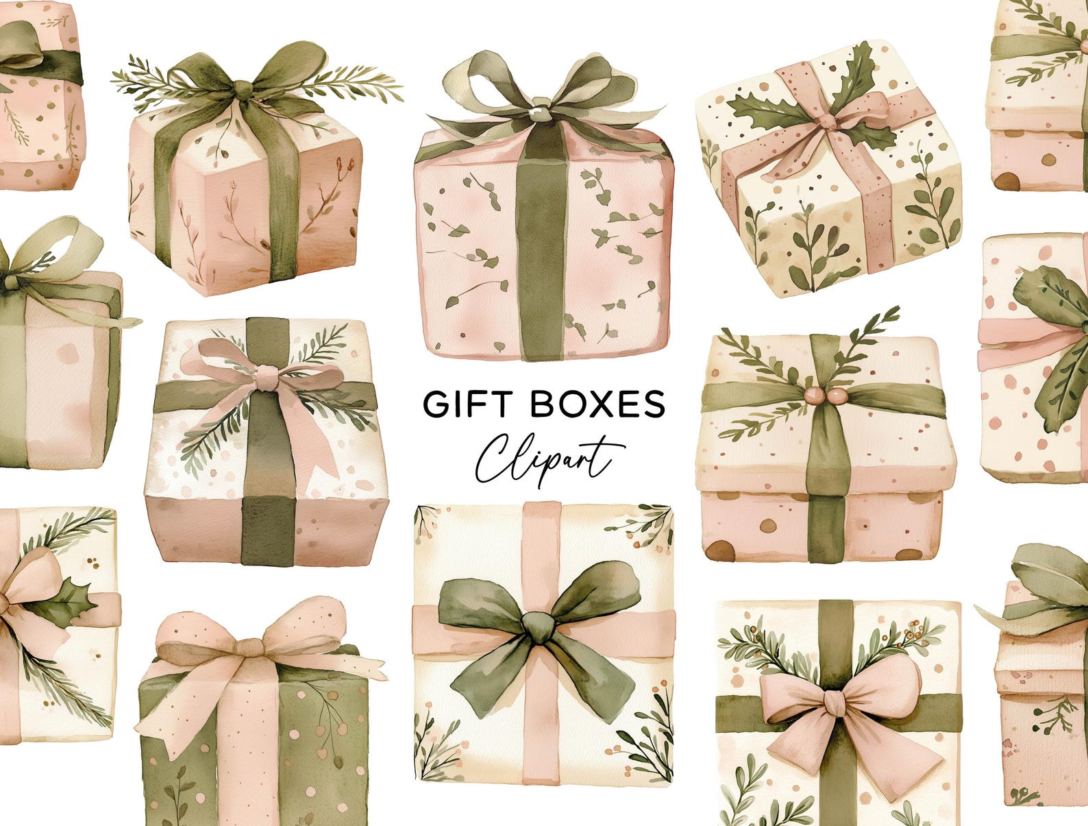 Gift Boxes Clipart Bundle, Boho Watercolor Presents PNG Graphics ...