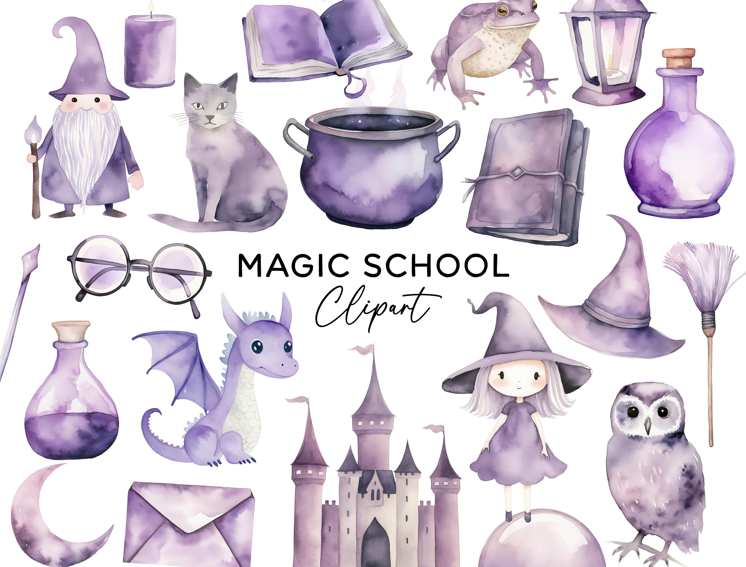 Magic School Clipart Bundle - Watercolor Witch Wizard Cauldron Potion ...