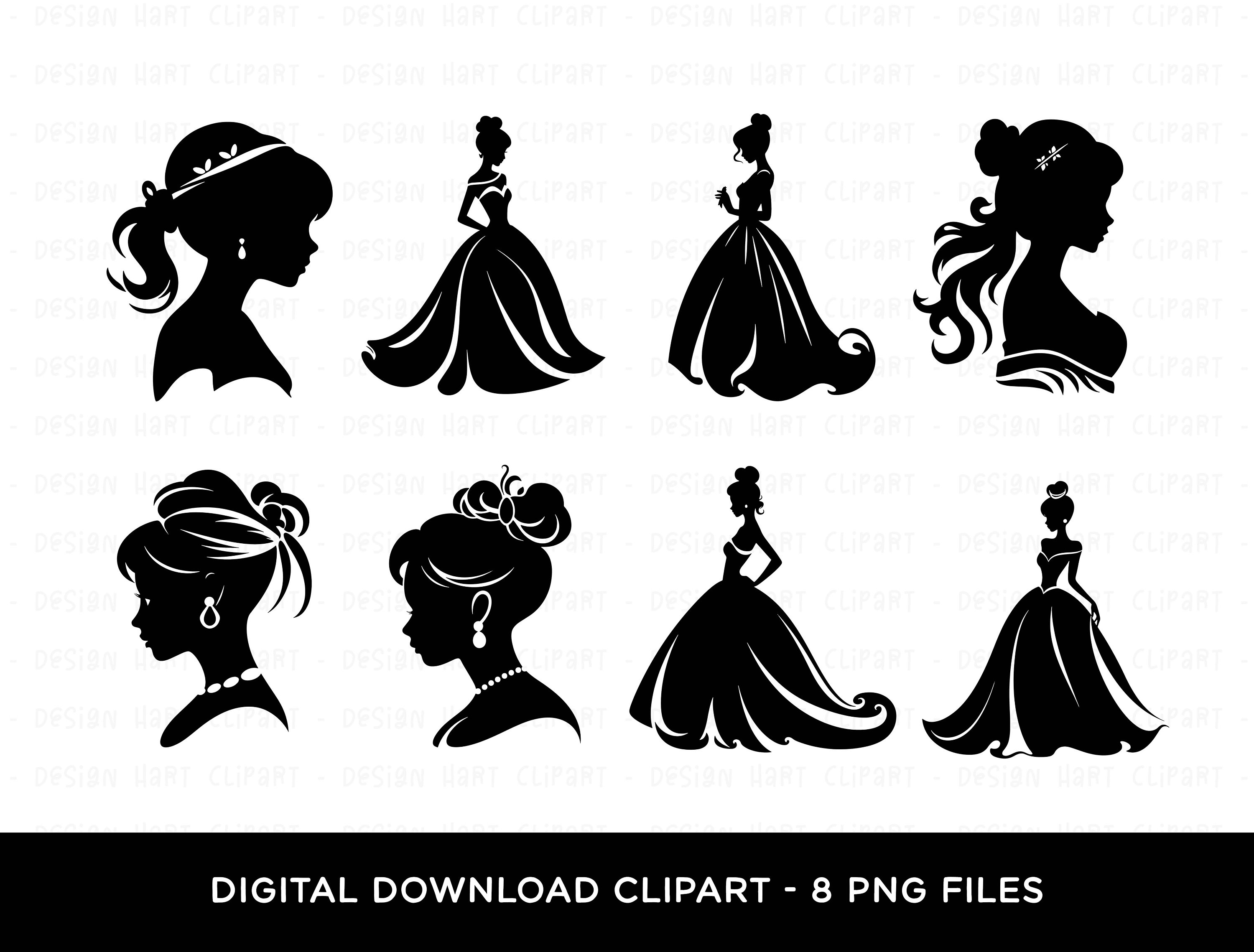 Princess Silhouette Clipart Bundle, Black & White Outline Art PNG SVG ...