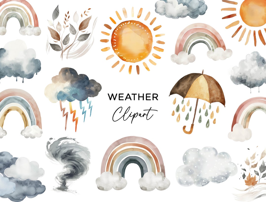 Weather Clipart Bundle, Watercolor Sun Clouds Rainbow Storm Summer ...