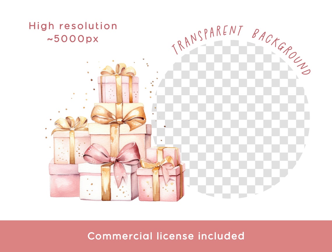 Presents Clipart Bundle, Pastel Pink & Gold Gift Boxes, PNG Commercial ...