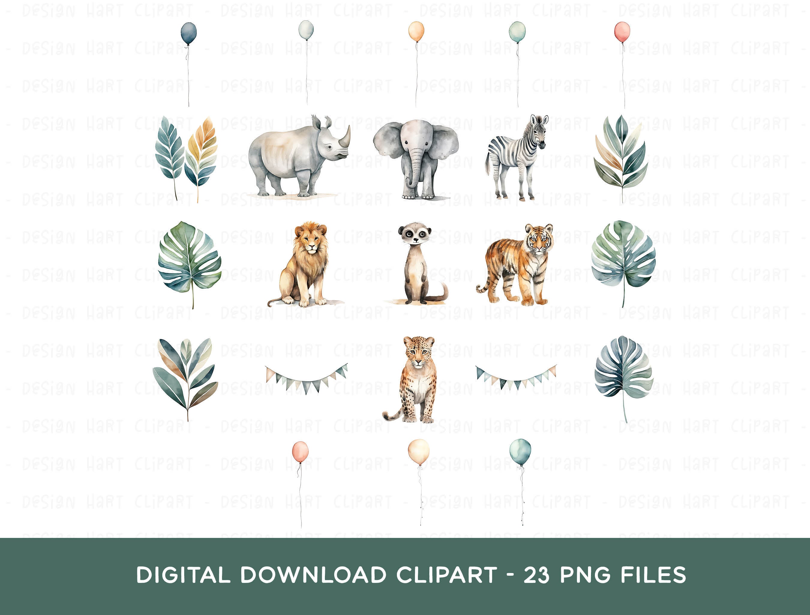 Safari Party Clipart Bundle, Jungle Zoo Animals Leaves Balloons PNG ...