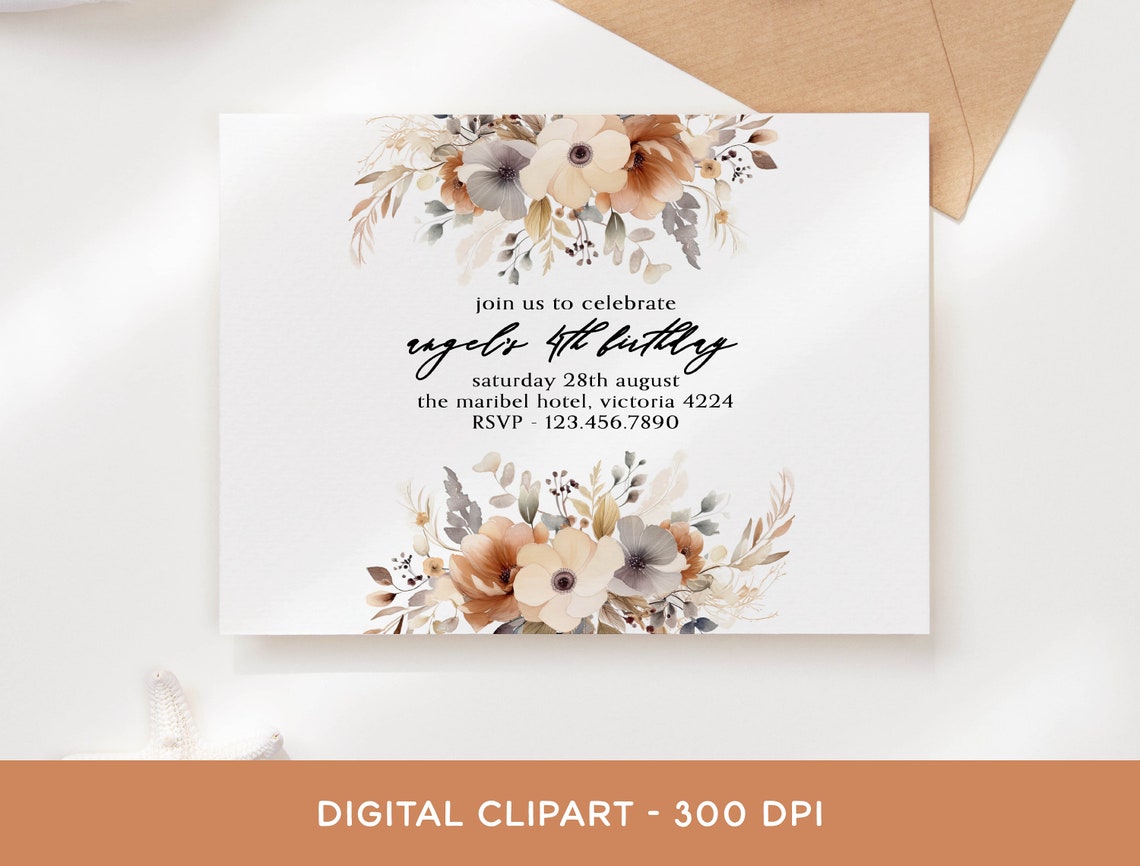 Flower Bouquet Clipart Watercolor Bohemian Floral Bunch PNG, Digital ...