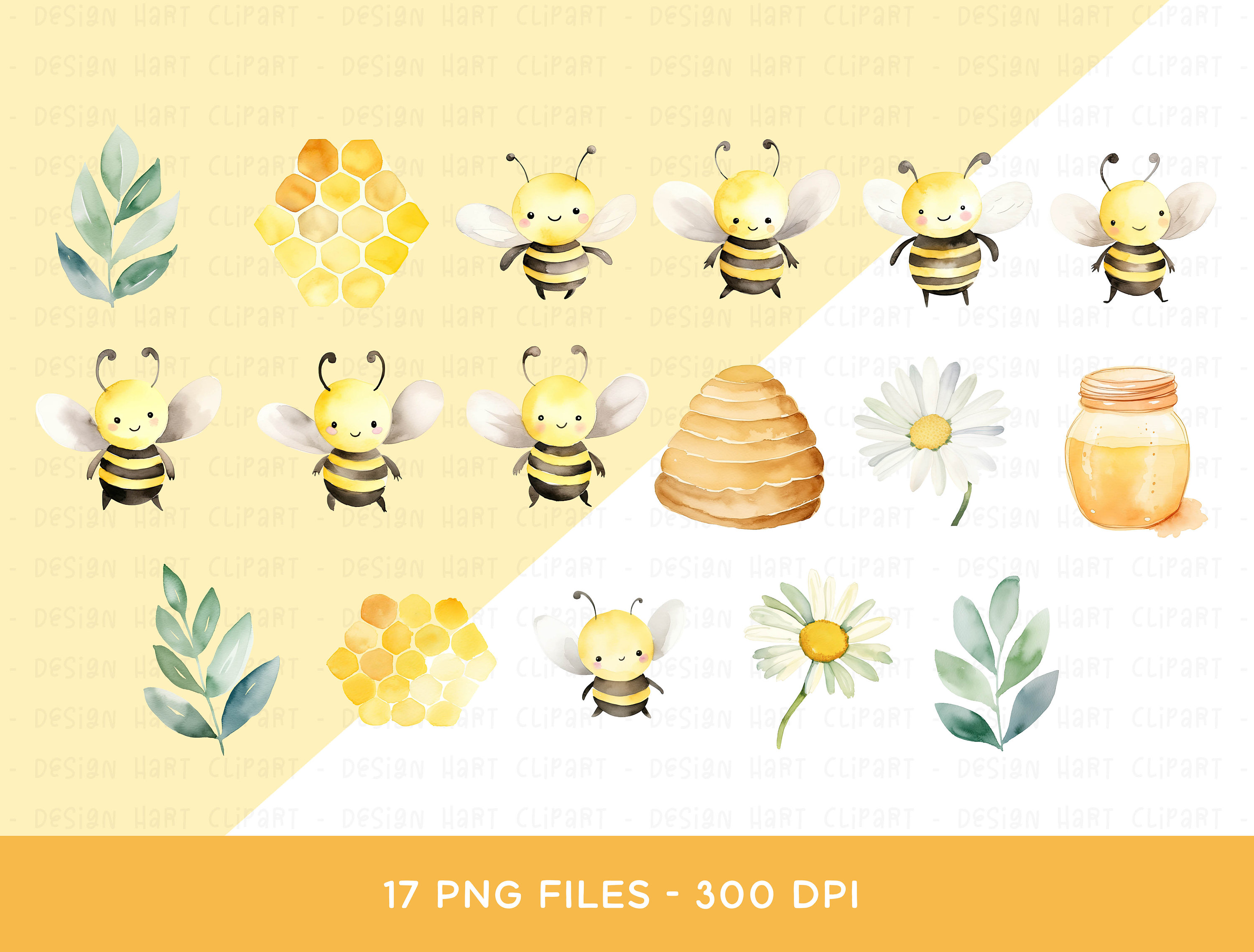 Bee Clipart Bundle, Watercolor Bumble Bee Honeycomb Clip Art PNG ...