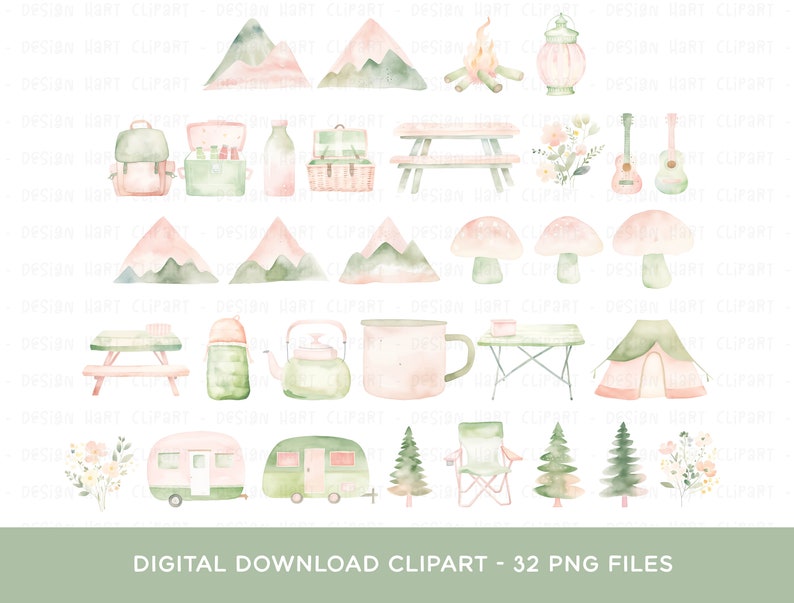 Pink Green Camping Clipart Bundle, Watercolor Adventure Camper Tent ...