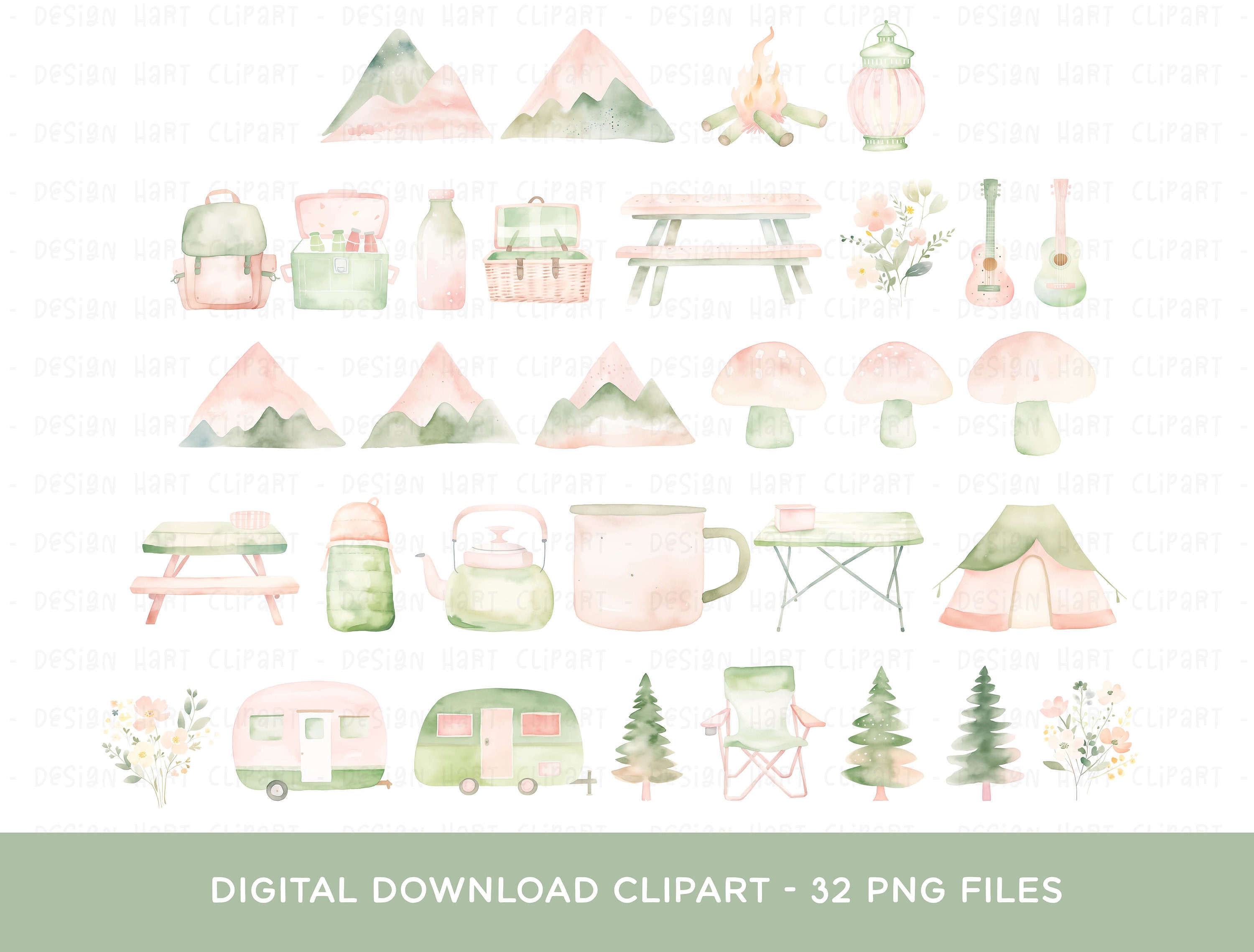 Pink Green Camping Clipart Bundle, Watercolor Adventure Camper Tent ...