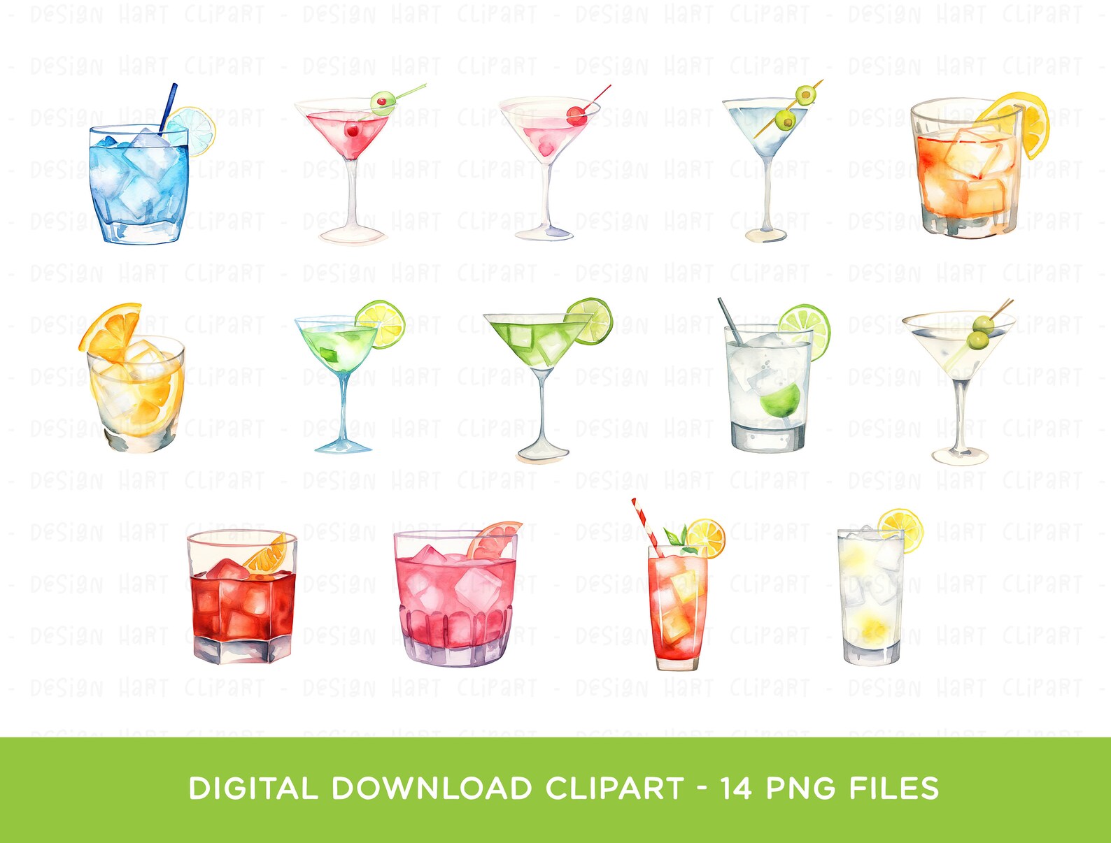 Cocktail Clipart Bundle, Watercolor Alcoholic Drinks Martini ...
