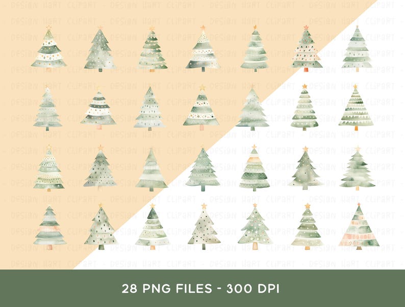 Green Christmas Tree Clipart Bundle, Boho Scandi Watercolor Xmas Trees ...