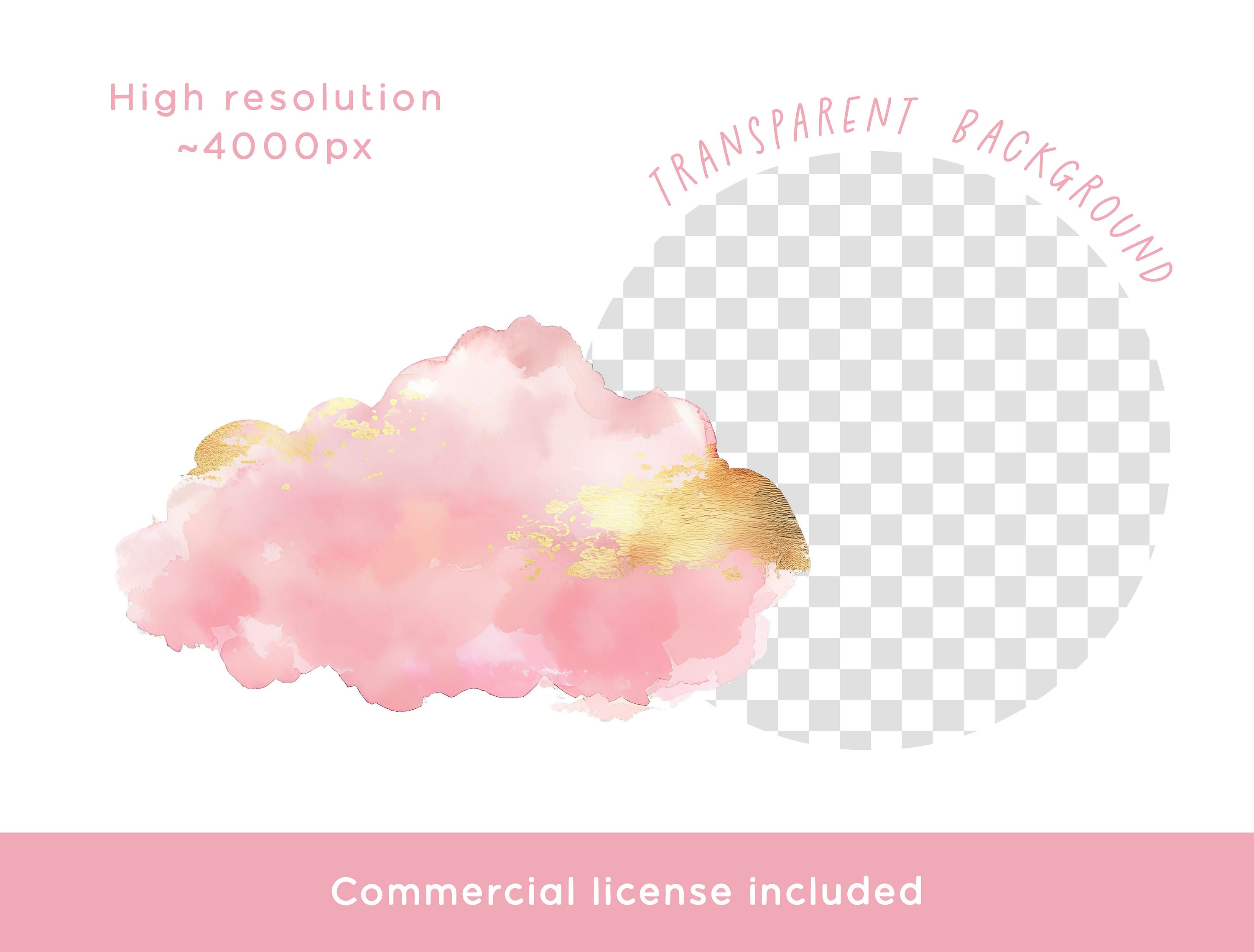 Cloud Clipart Bundle Set Watercolor Pink & Gold Foil Pastel Weather ...