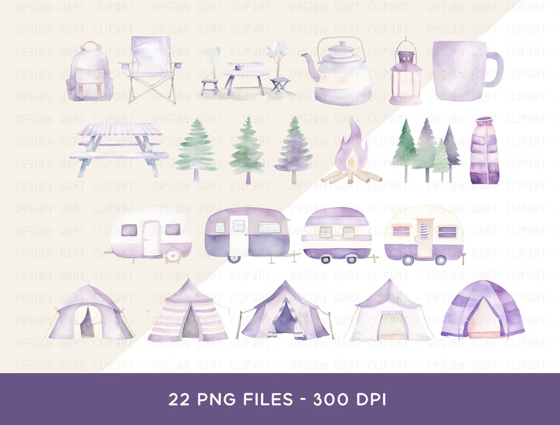 Camping Clipart Bundle, Purple Pastel Adventure Watercolor Camper Tent ...