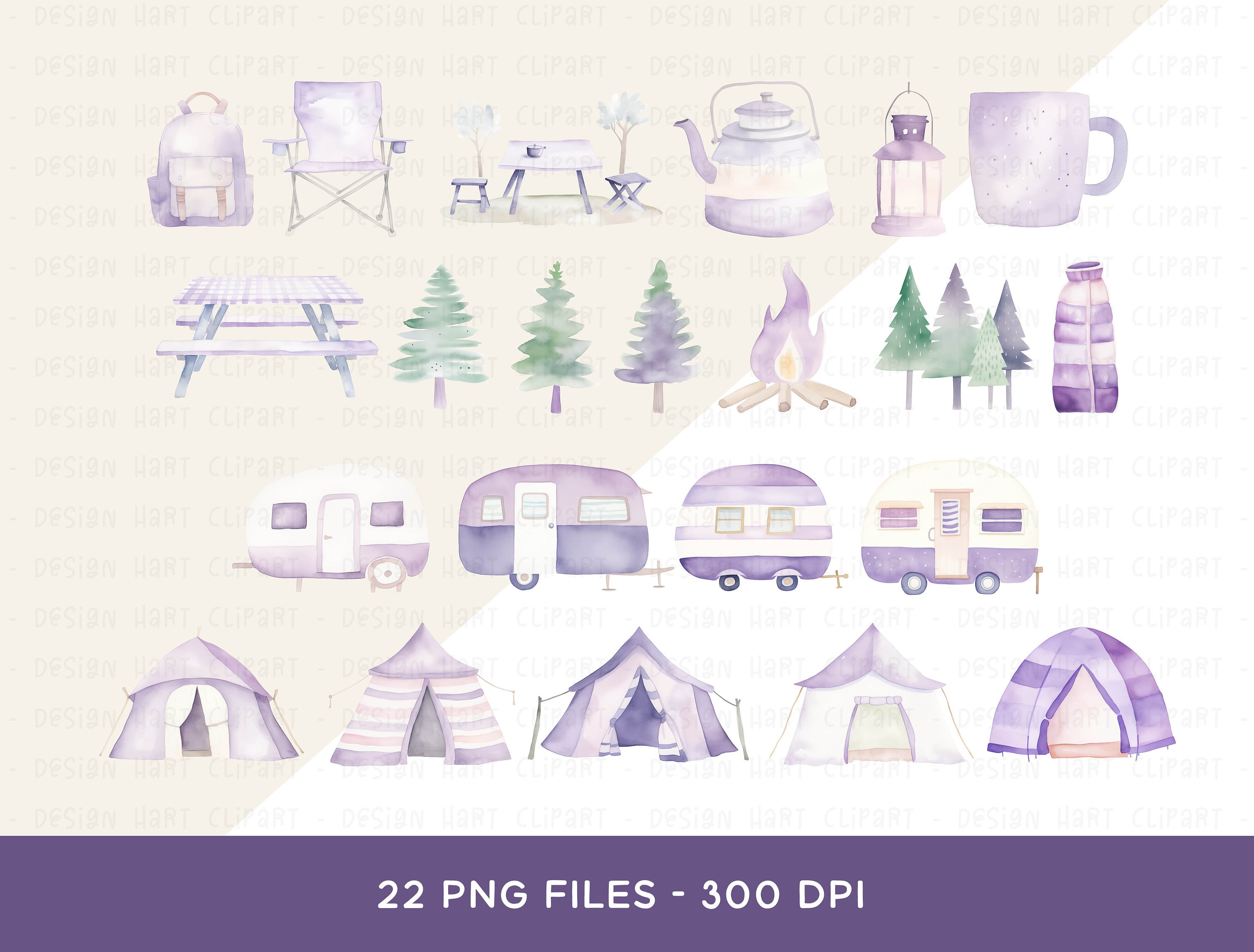 Camping Clipart Bundle, Purple Pastel Adventure Watercolor Camper Tent ...
