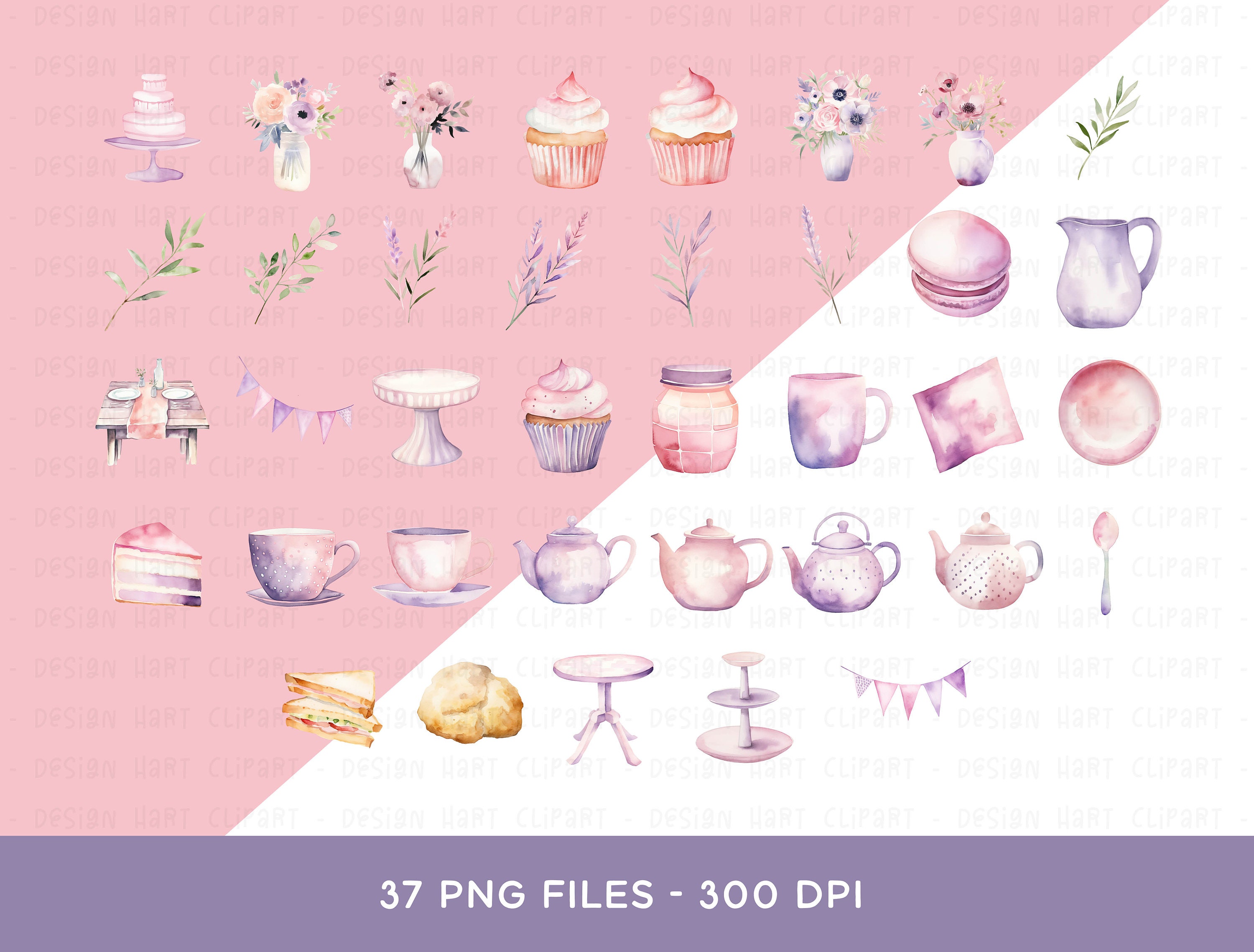 Tea Party Clipart Bundle Watercolor Pink & Purple Teapot Teacup Cupcake ...