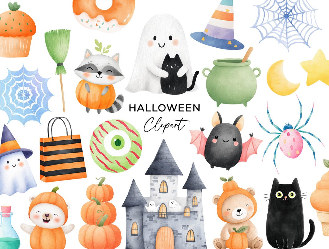 Halloween Clipart Bundle, PNG Download Watercolor Pumpkin Haunted House ...