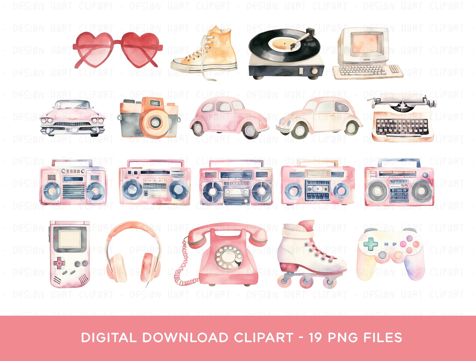 80s 90s Retro Clipart Bundle Watercolor Gameboy, Rollerskate ...