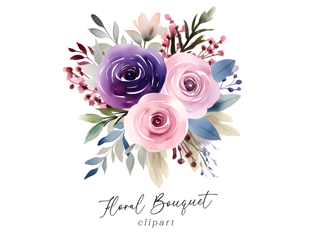 Floral Bouquet Clipart, Watercolor Pink Purple Spring Flowers PNG ...