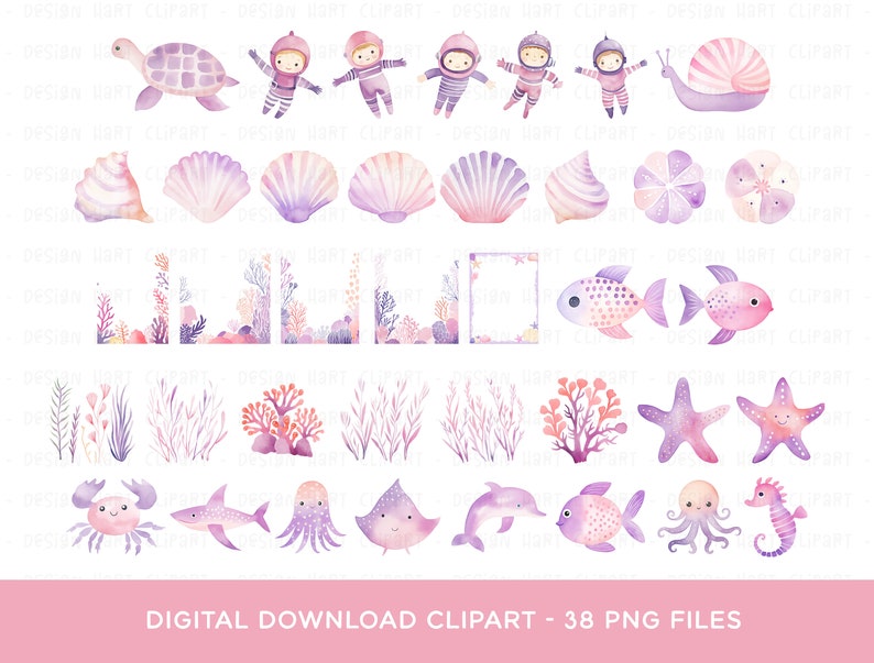 Ocean Clipart Bundle, Under the Sea Creatures Turtle Fish Dolphin Coral ...