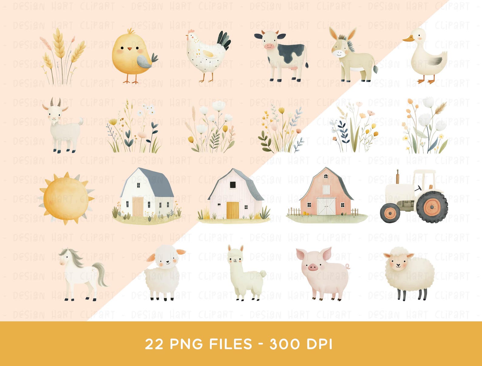Farm Animals Clipart Bundle - Watercolor Barnyard Tractor Pig Duck ...